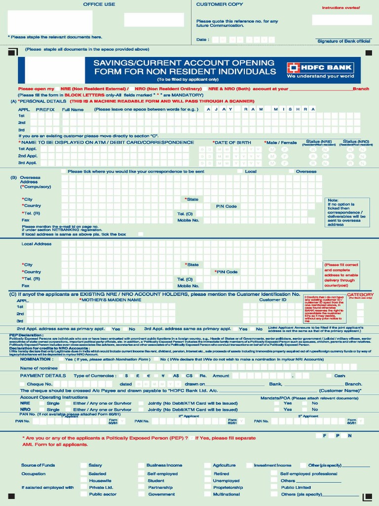 Addon NRE NRO Savings Acc Form PDF