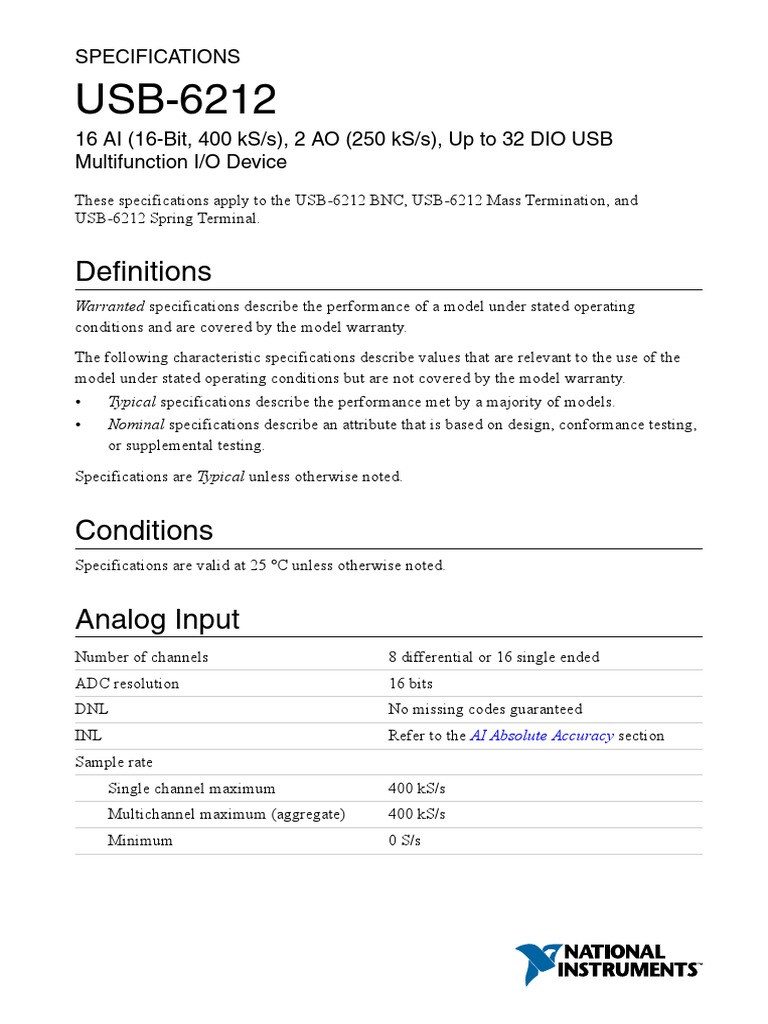NI USB-6212 Specs | PDF | Electromagnetic Compatibility | Usb