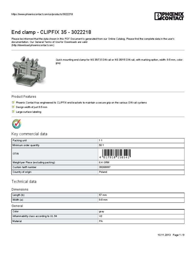 Phoenix End Clamp 3022218 Datasheet