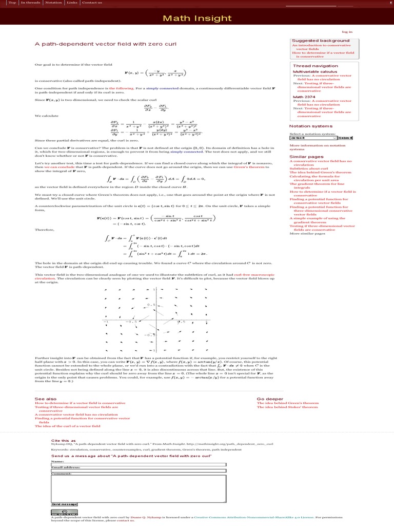 A Path-Dependent Vector Field With Zero Curl - Math Insight | PDF ...