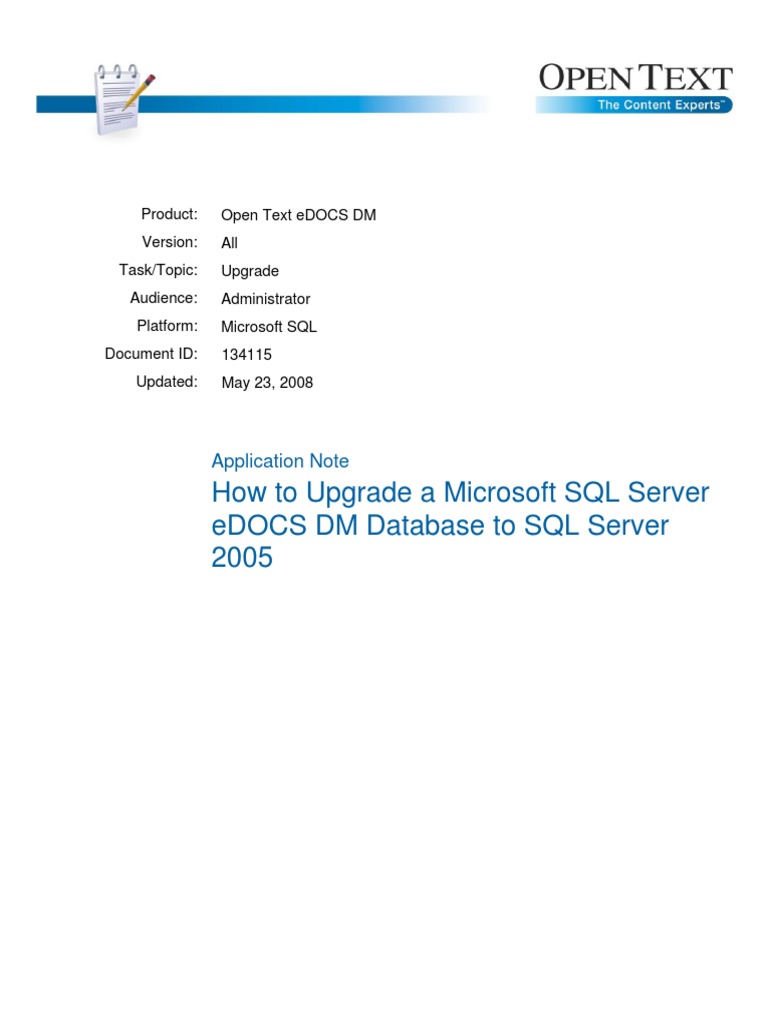 How To Upgrade A Microsoft SQL Server EDOCS DM Database To SQL Server 2005 | PDF | Microsoft Sql ...