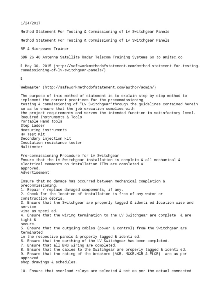 Method Statement For Testing Commissioning Pdf Physical Quantities