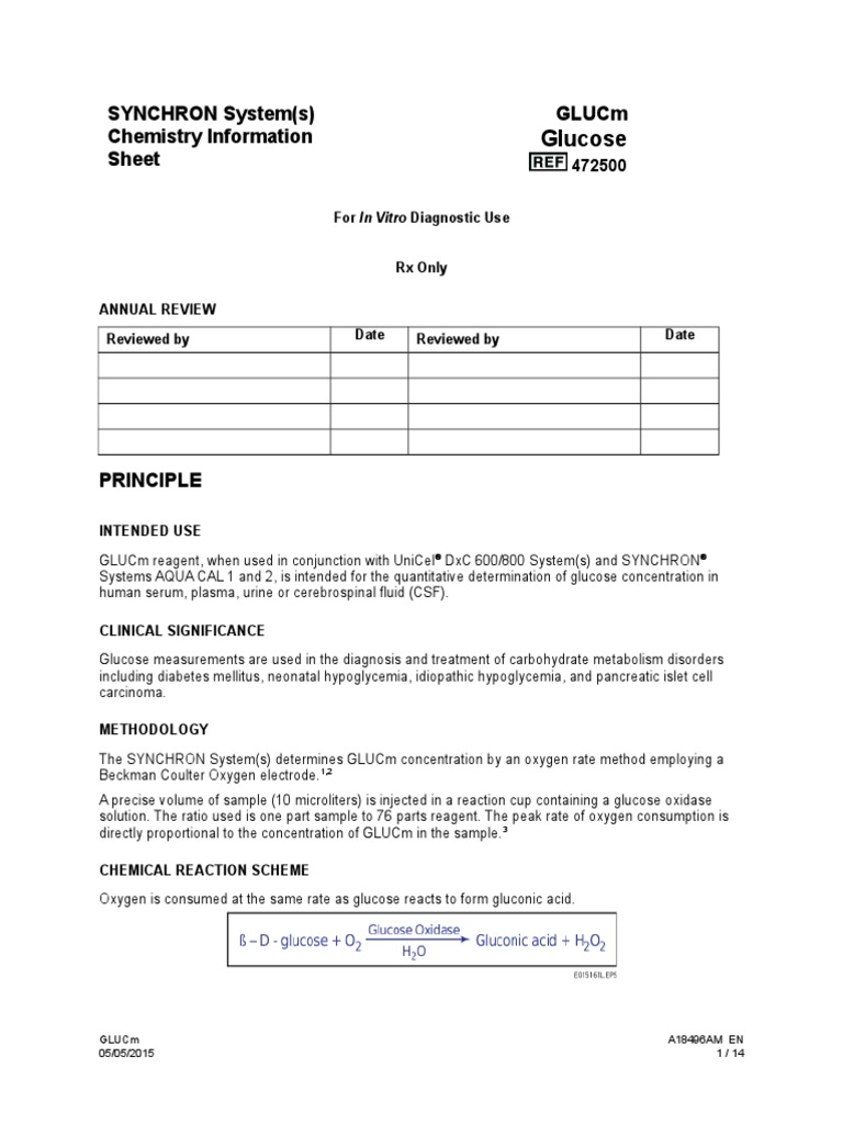 SYNCHRON System(s) Chemistry Information Sheet Glucm: Glucose | PDF | Blood Plasma | Hypoglycemia