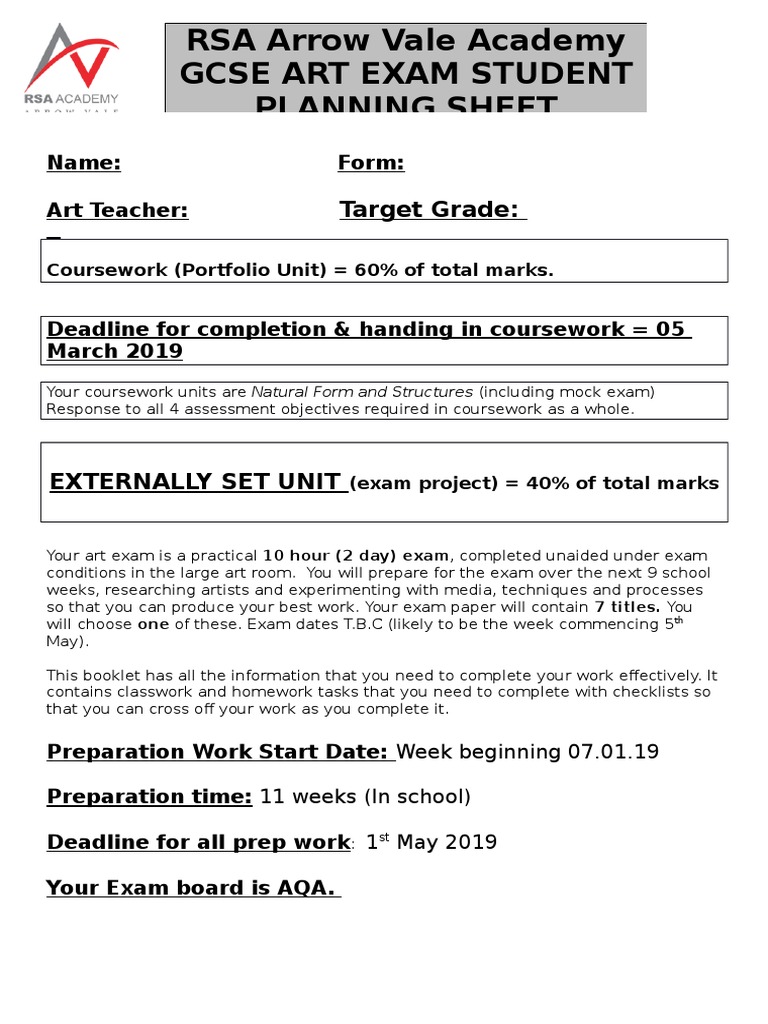 RSA Arrow Vale Academy Gcse Art Exam Student Planning Sheet: Target ...