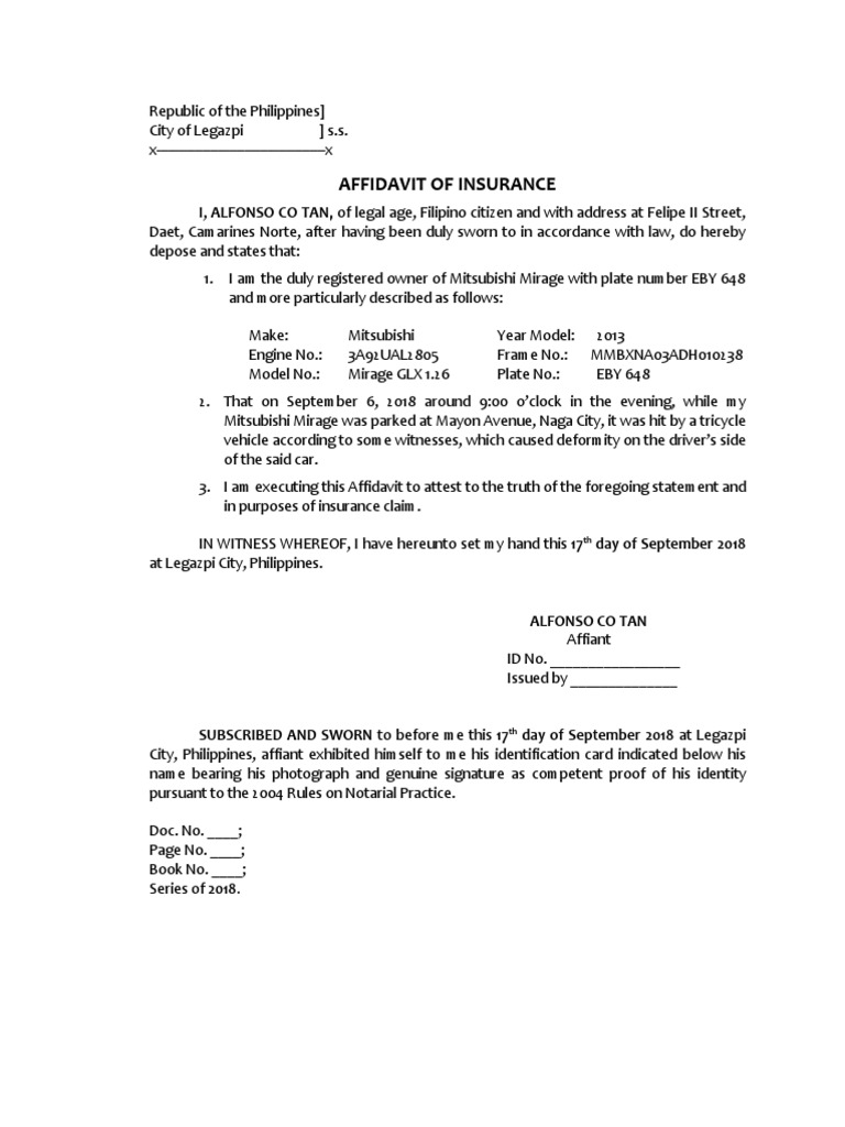 Affidavit for Car Insurance Claim | PDF | Law