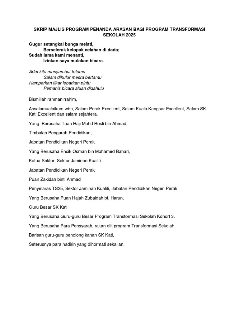 Skrip Majlis Penanda Arasan Bagi Program Islah Sekolah 2025 | PDF ...