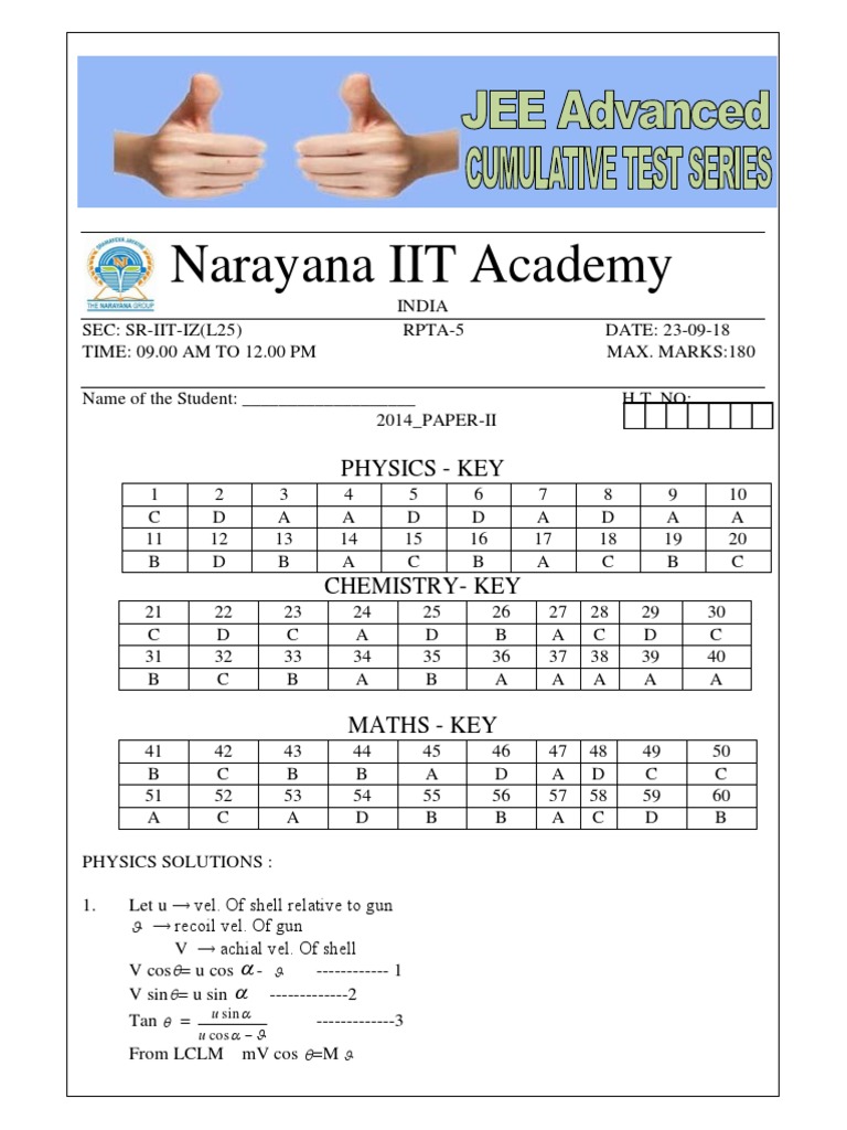 SR Iit Iz - l25 - Jee Advanced 2014 p2 Key Hints and Solutions | PDF ...