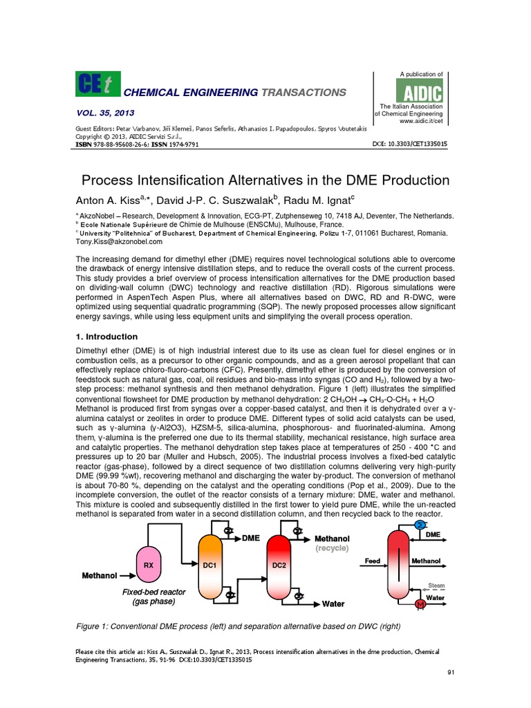 Process Intensification Alternatives in The DME Production: C H E M I C ...