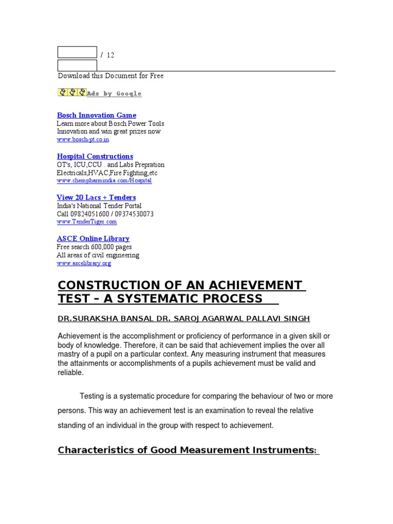 Construction of An Achievement Test - A Systematic Process: / 12 ...