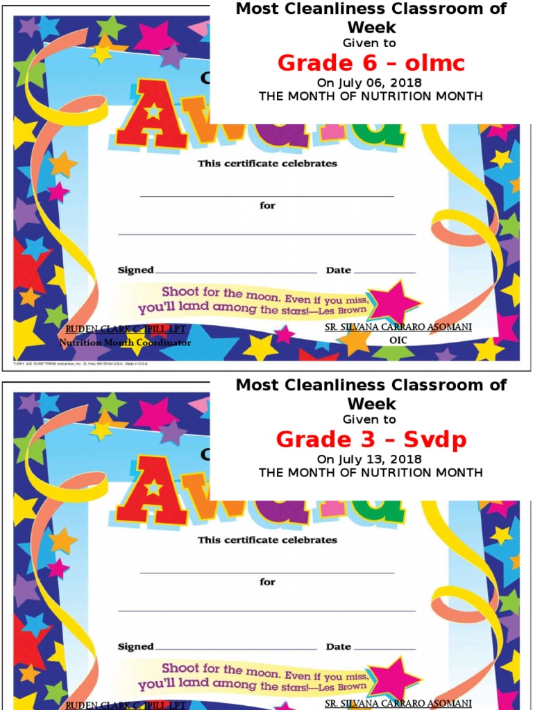 Certificate For Most Cleanliness Classroom | PDF
