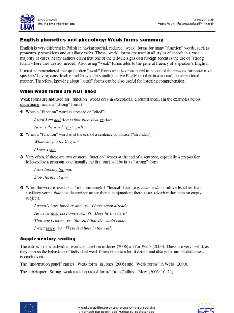 Phon Weak Forms Summary | English Language | Stress (Linguistics)