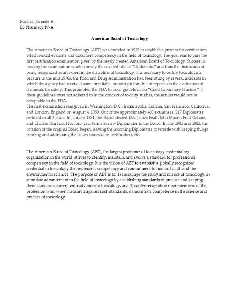 The American Board of Toxicology (ABT) Was Founded in 1979 To Establish ...
