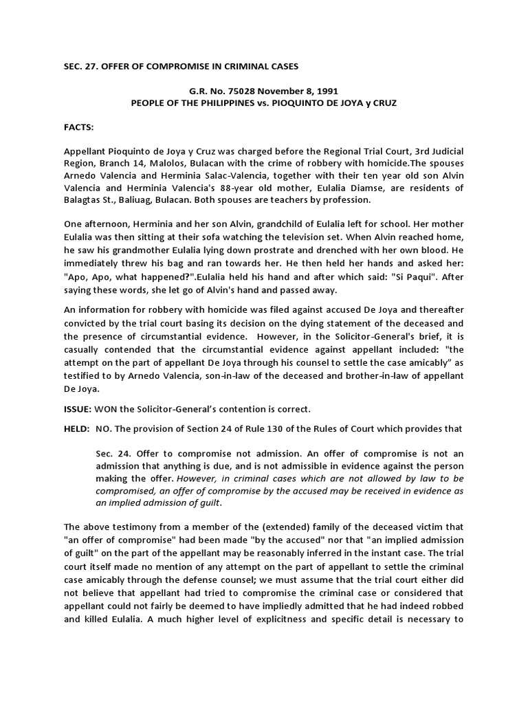 SEC. 27. OFFER OF COMPROMISE IN CRIMINAL CASES | PDF | Burden Of Proof ...