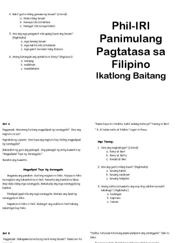 Phil-Iri Panimula Booklet Grade 3 | PDF
