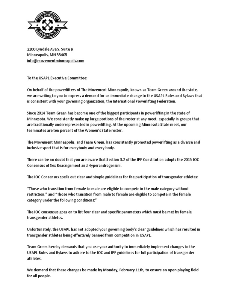 The Movement Minneapolis Team Green Letter To USAPL Executive Committee ...