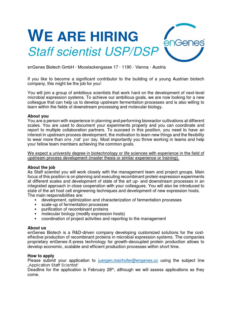 We Are Hiring Staff Scientist USP DSP | PDF | Biotechnology | Life Sciences