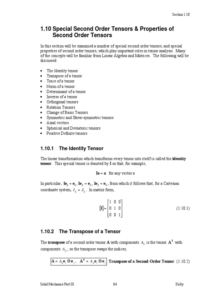 1.10 Special Second Order Tensors & Properties of Second Order Tensors | PDF | Tensor | Rotation ...