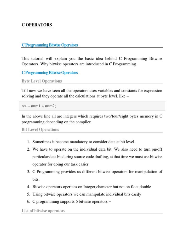 C Programming Bitwise Operators | PDF | Bit | C (Programming Language)