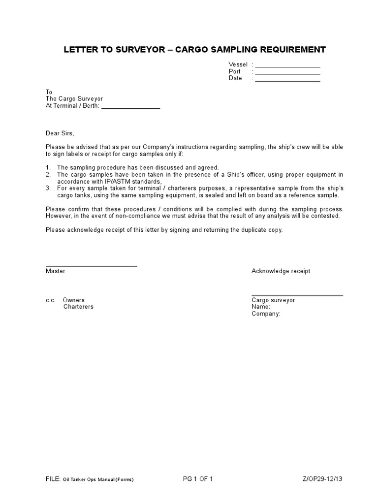 Letter To Surveyor - Cargo Sampling Requirement: Oil Tanker Ops Manual ...