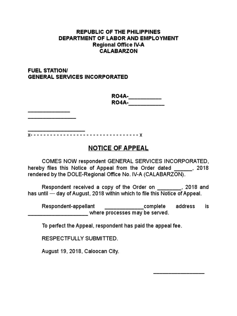 Notice of Appeal Sample | PDF | Business | Finance & Money Management