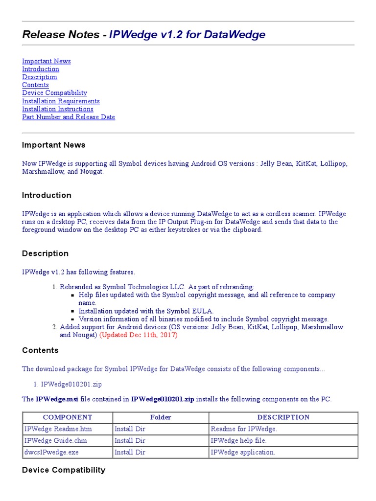 IPWedge For DataWedge Version 1.2 Release Notes | PDF | Operating ...