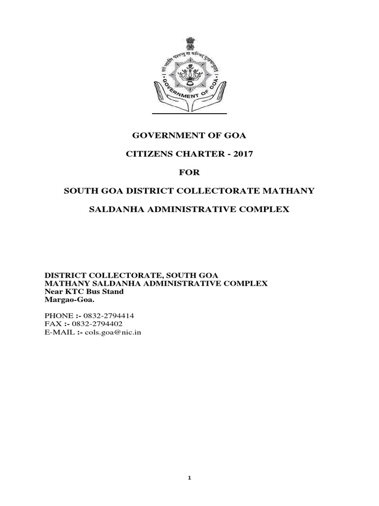 Government of Goa Citizens Charter - 2017 FOR South Goa District ...