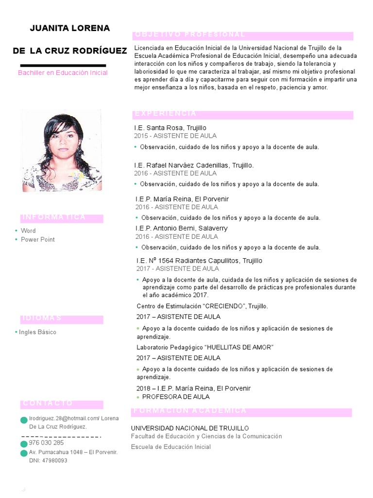 CV Juanita Lorena de La Cruz Rodríguez | PDF | Salón de clases | Maestros