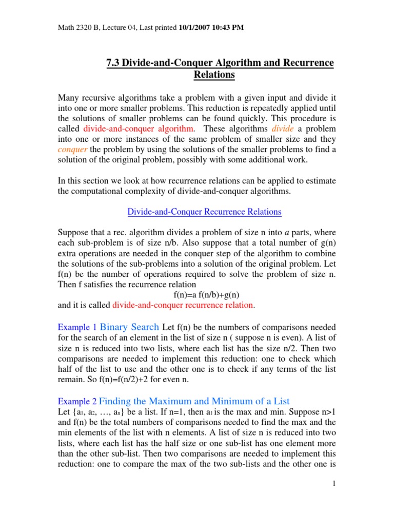 7 3 Divide And Conquer Algorithm And Recurrence Relations Pdf Algebra Algorithms