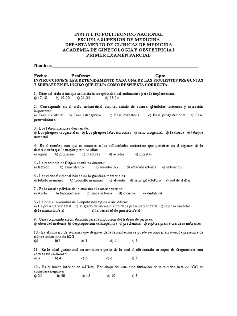 Examen Parcial de Ginecología y Obstetricia | PDF | Parto | El embarazo