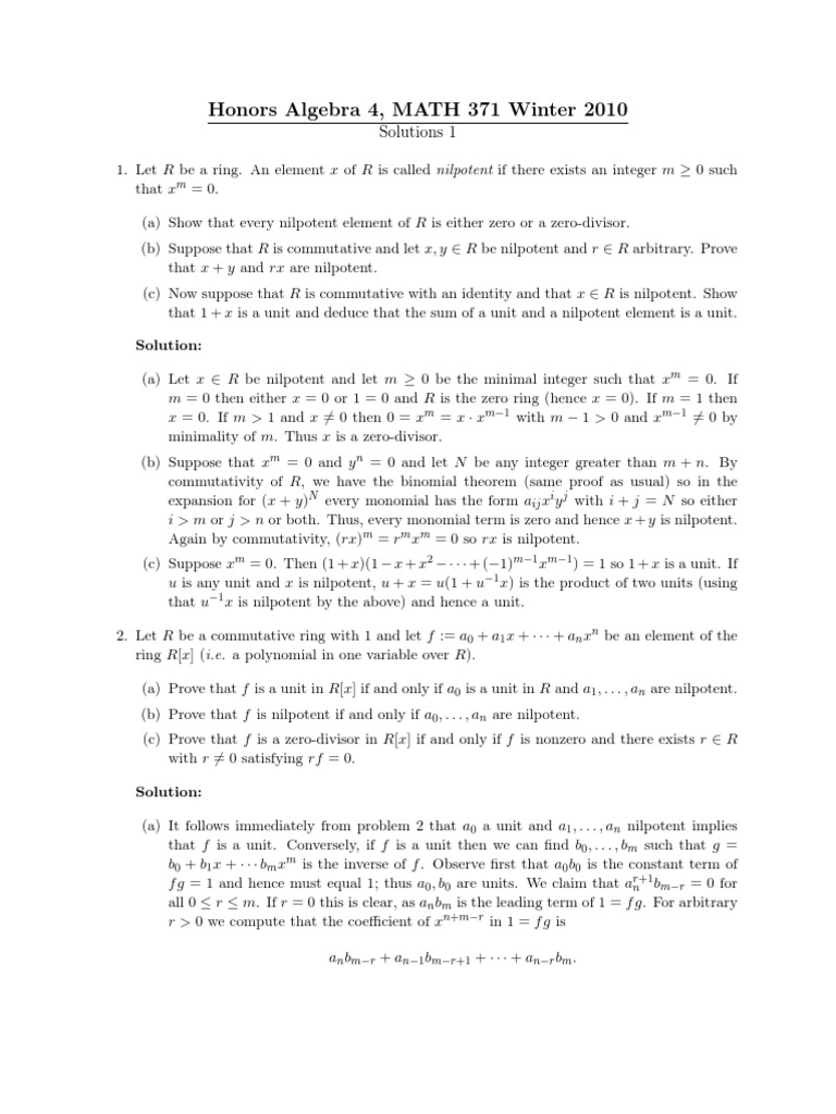 Honors Algebra 4, MATH 371 Winter 2010: Solutions 1 | PDF | Ring (Mathematics) | Integer