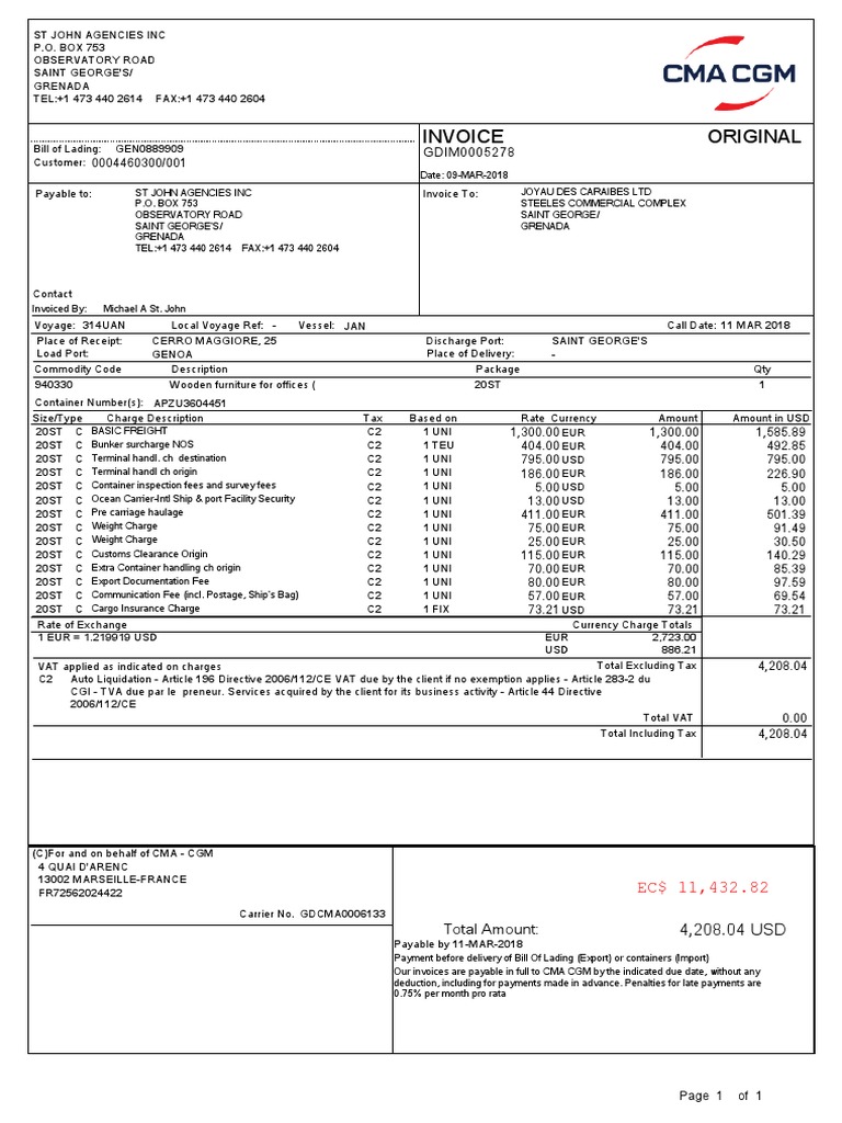 Brokerage Fees 49 Millwork 1x20' CMA CGM Invoice PDF | PDF | Value ...
