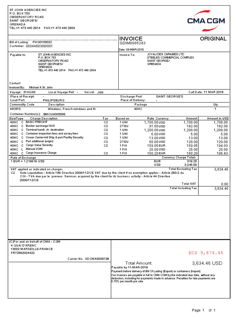 Brokerage Fees 49 Samiver Invoice CMA CGM Invoice | PDF | Cargo | Value ...
