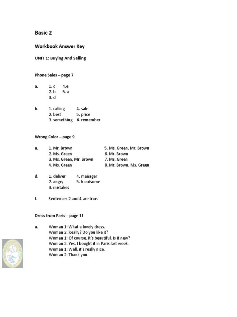 Basic 2 Workbook Answer Key | PDF | Food And Drink | Cuisine