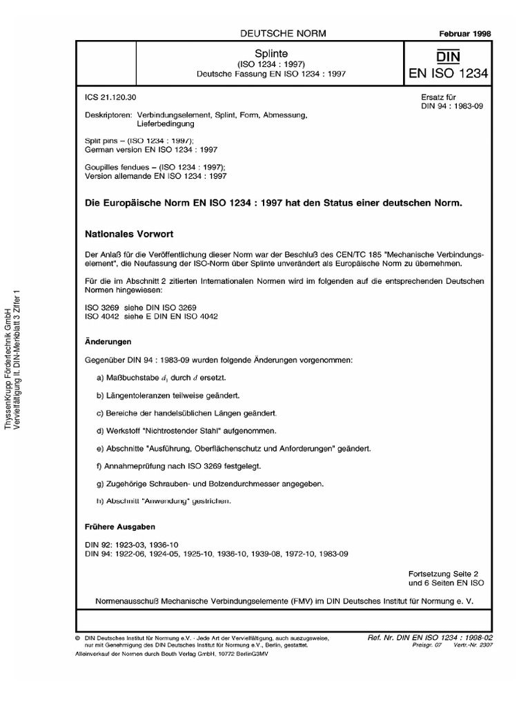 DIN EN ISO 1234 - 1998 - Split-Pins PDF | PDF