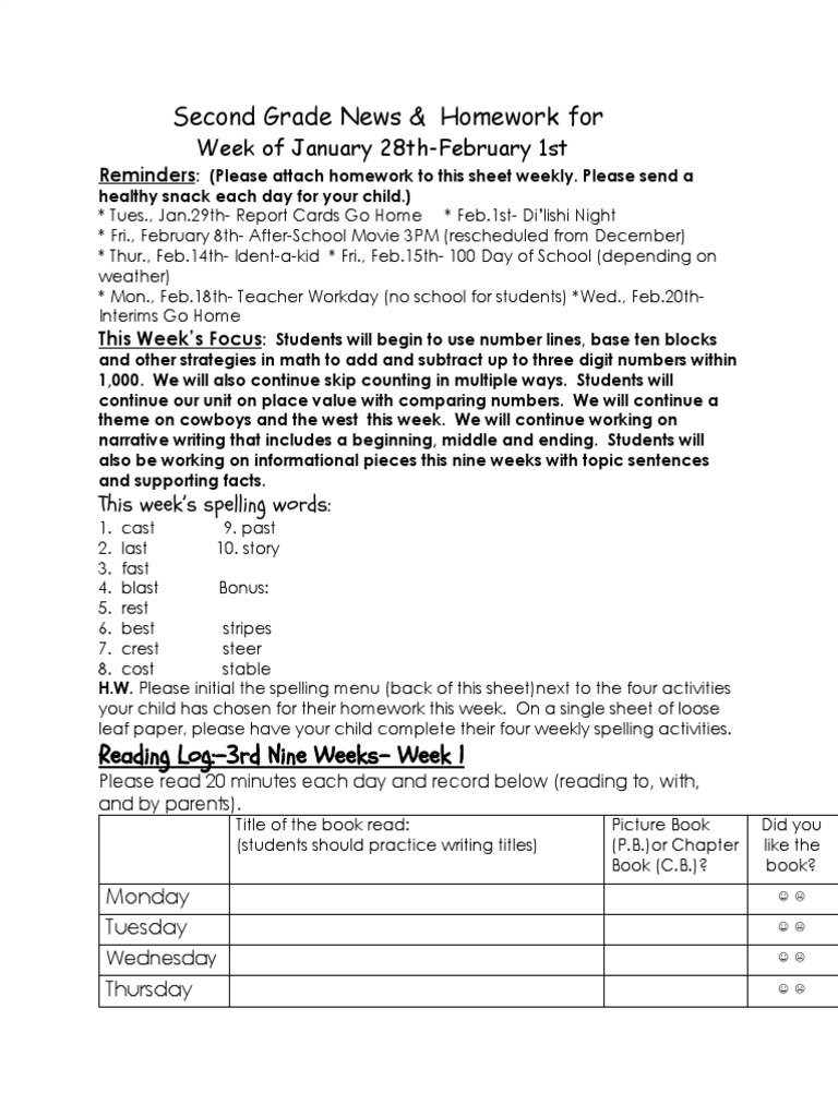 Second Grade News & Homework For: Week of January 28th-February 1st ...