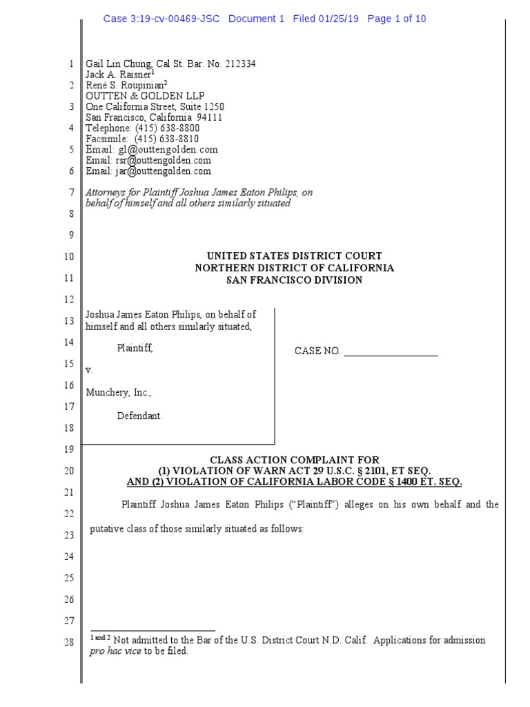 Class Action Complaint For and (2) Violation of California Labor Code ...
