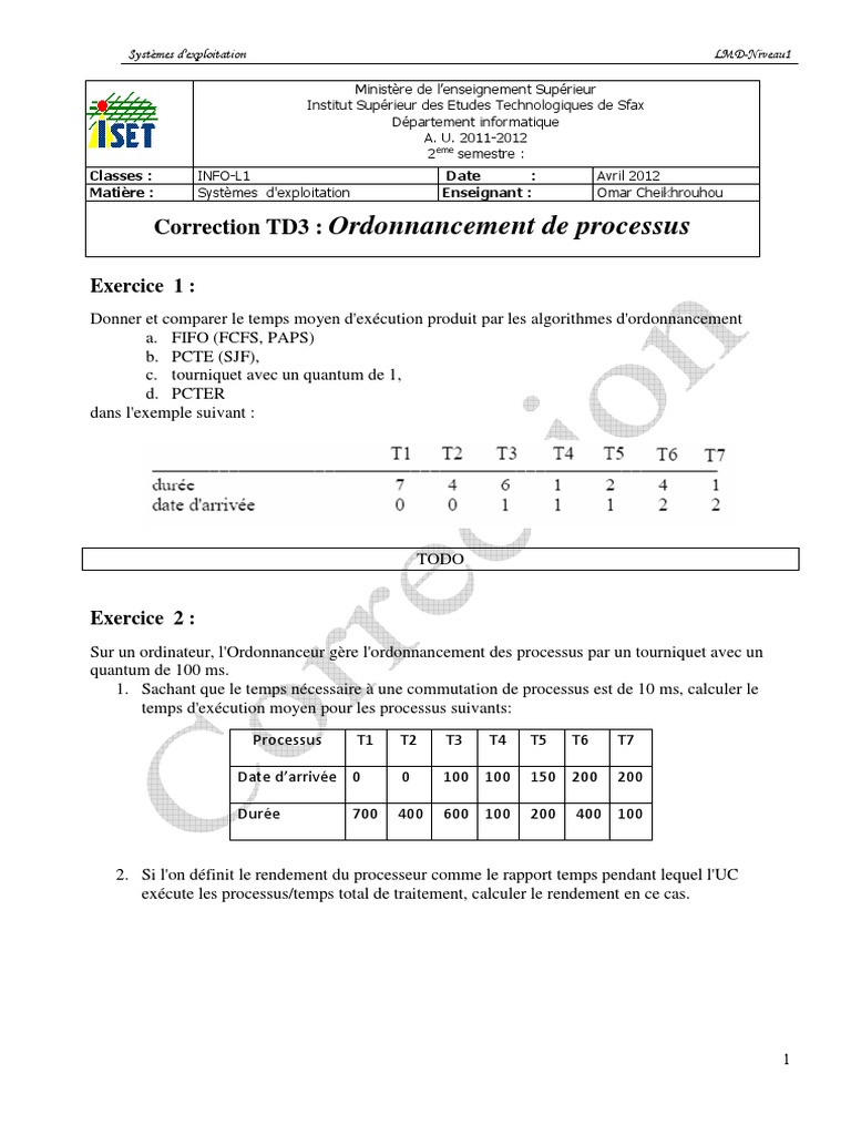 Exercice Corrigé : Ordonnancement FIFO | PDF | Ordonnancement dans les systèmes d'exploitation ...