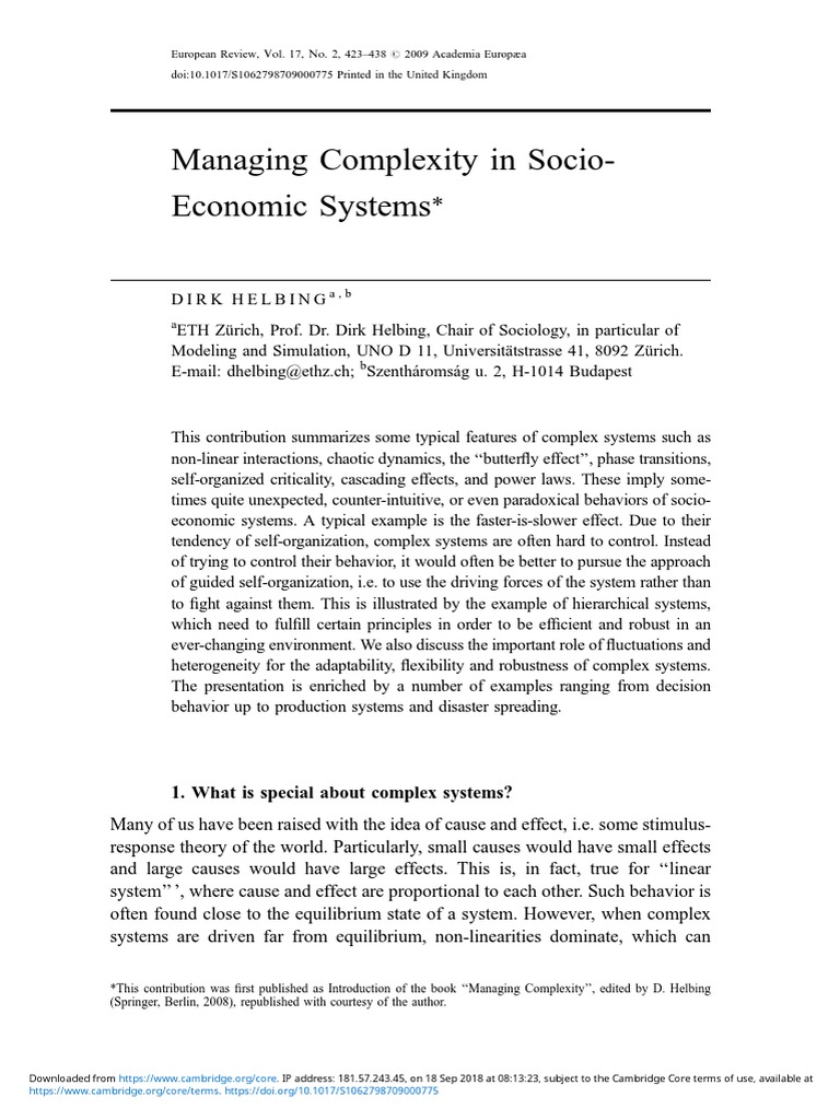 DIRK HELBING (2008) Managing Complexity in Socio-Economic Systems | PDF | Chaos Theory | Attractor