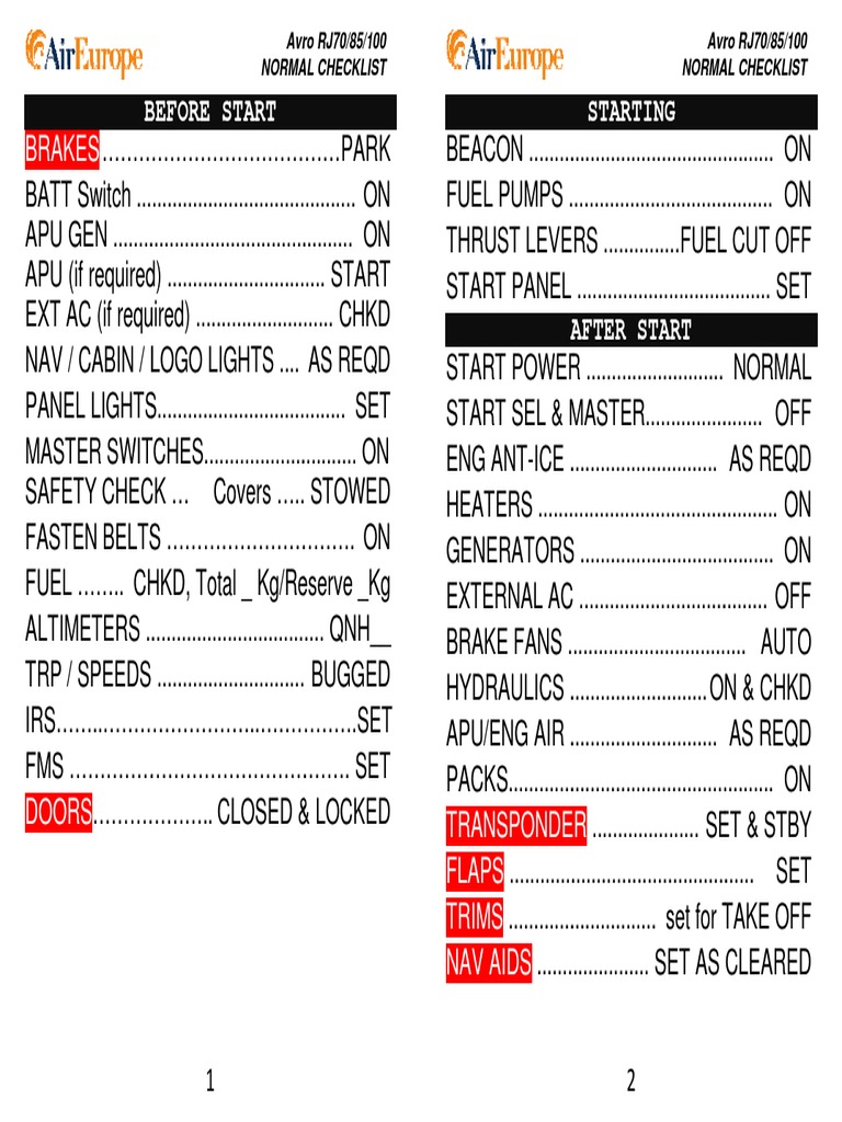 Avro RJ70!85!100 Normal Checklists - v2 | PDF