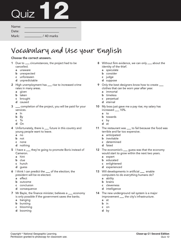 Close Up C1 Quiz 12 | PDF