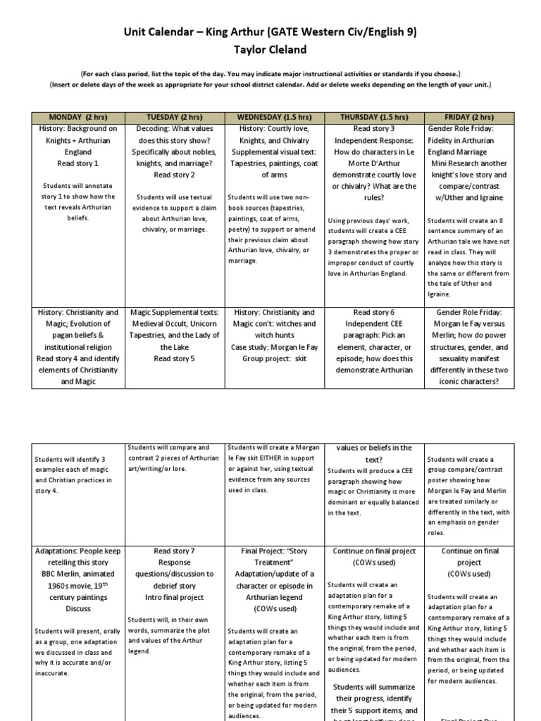 King Arthur Unit Calendar for Students | PDF | King Arthur | Merlin
