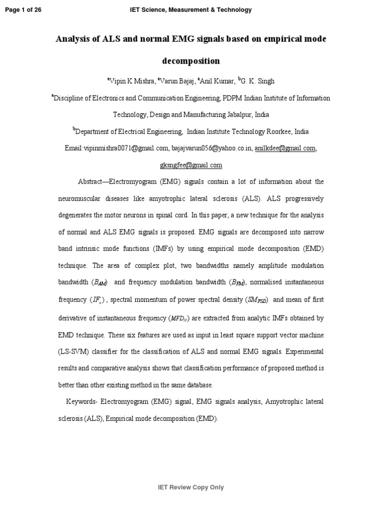 Analysis of ALS and Normal EMG Signals Based On Empirical Mode ...