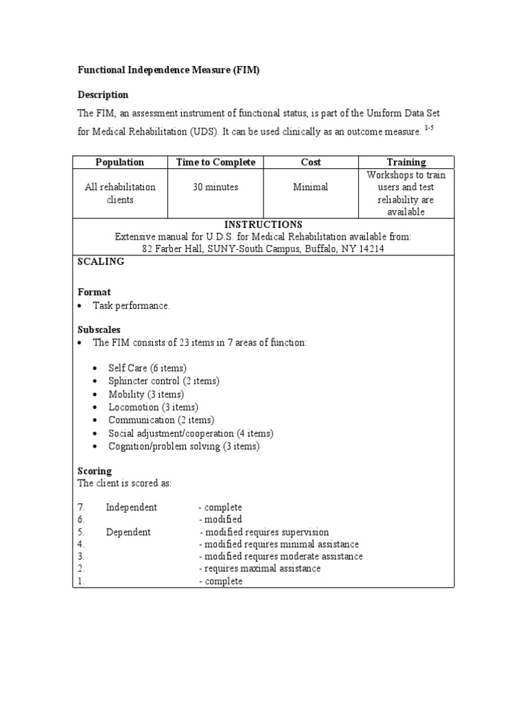 Functional Independence Measure (FIM) Description | Physical Therapy ...