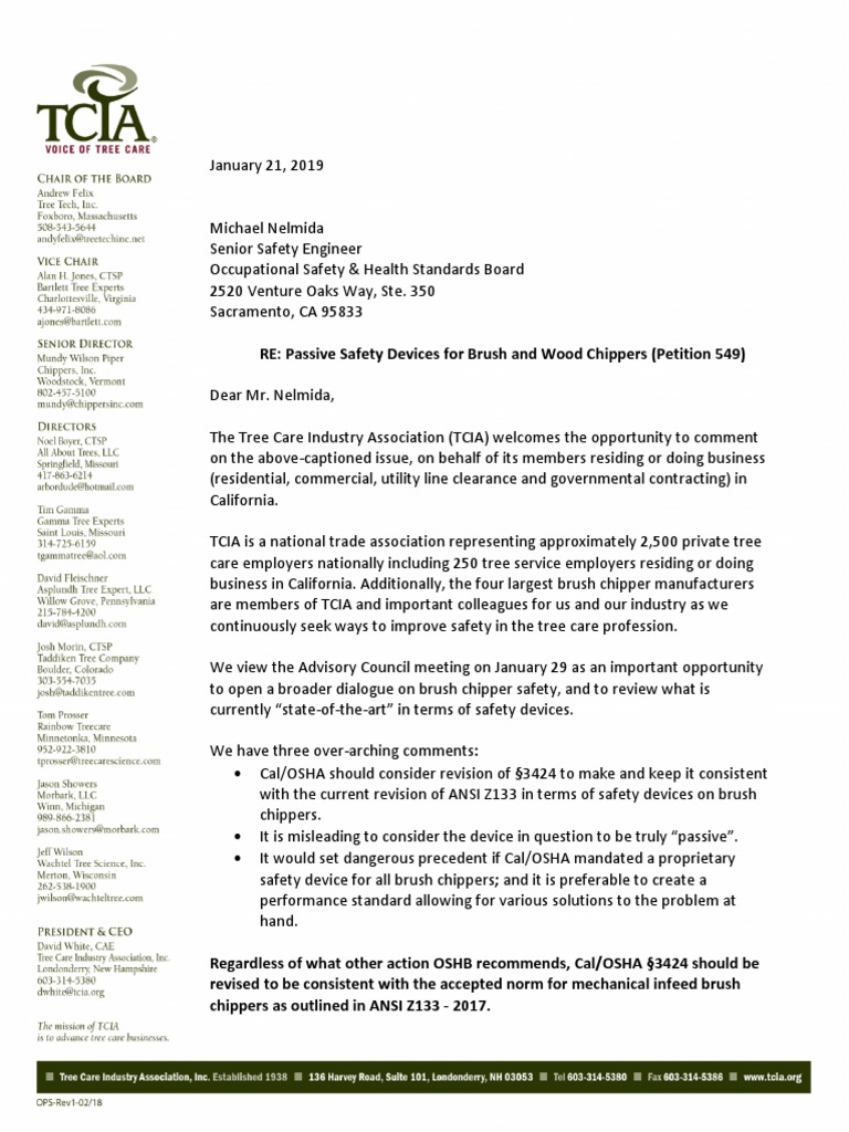 Tree Care Industry Assoc - Letter To Cal - OSHA Wood Chippers - 2019 ...