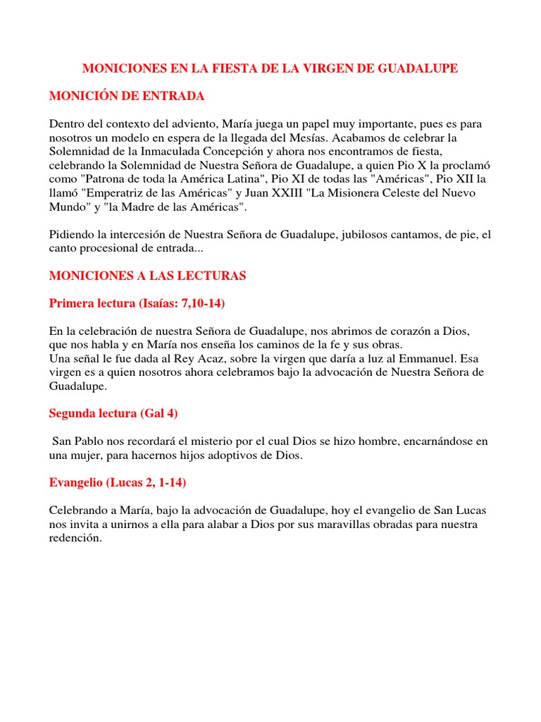 Moniciones en La Fiesta de La Virgen de Guadalupe | María, madre de ...