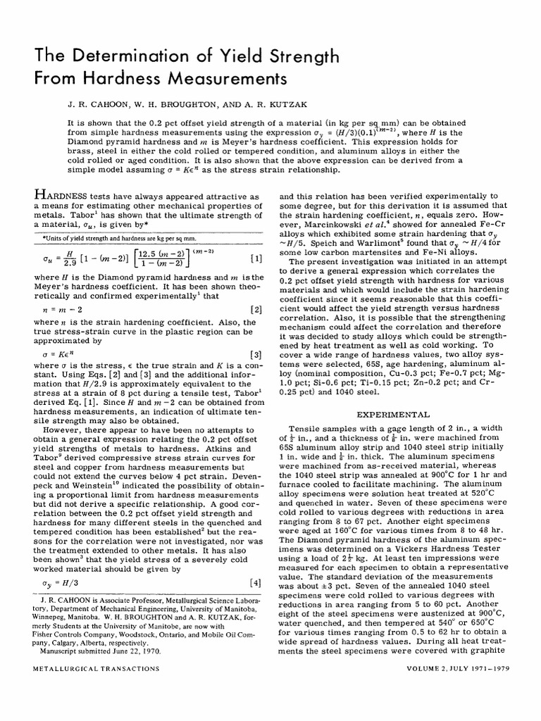 Yield Strength from Hardness Measurements | PDF | Ultimate Tensile ...