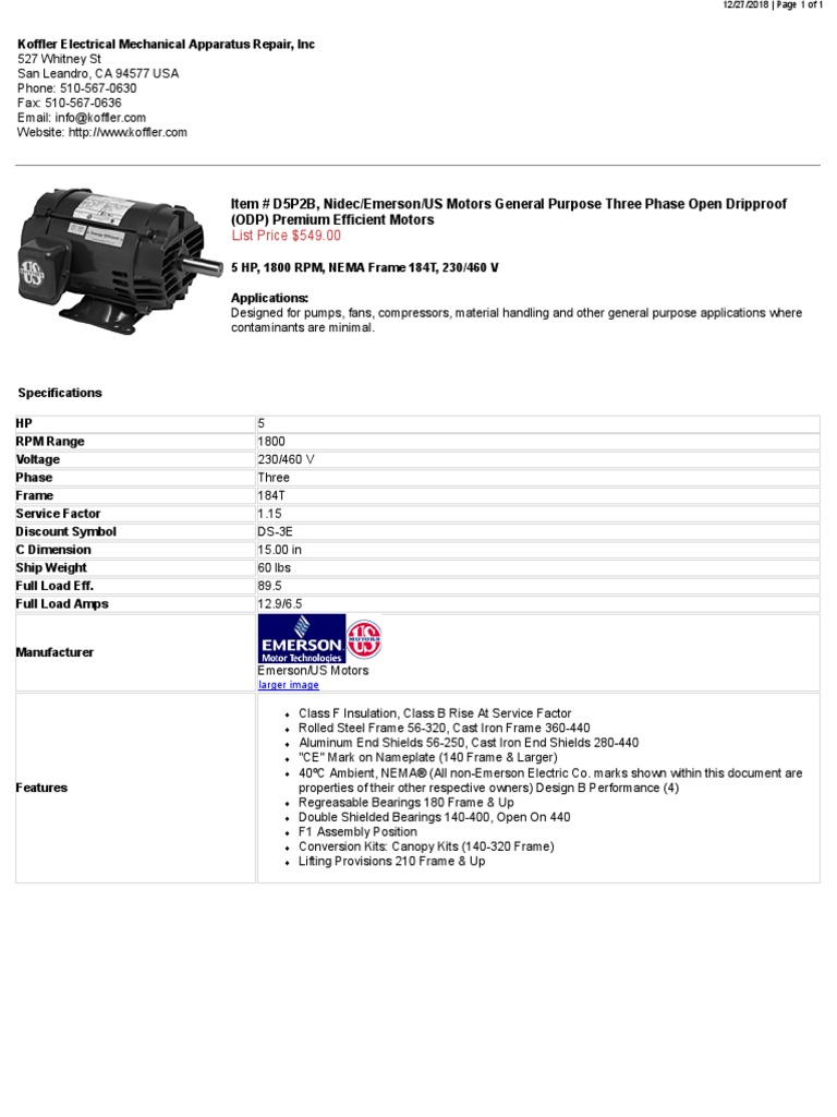 Item # D5P2B, Nidec/Emerson/US Motors General Purpose Three Phase Open ...