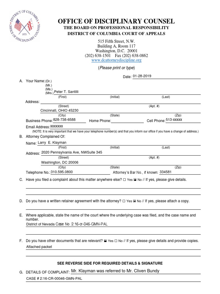 DC Bar Complaint Against Attorney Larry Klayman | PDF | Ammon Bundy ...