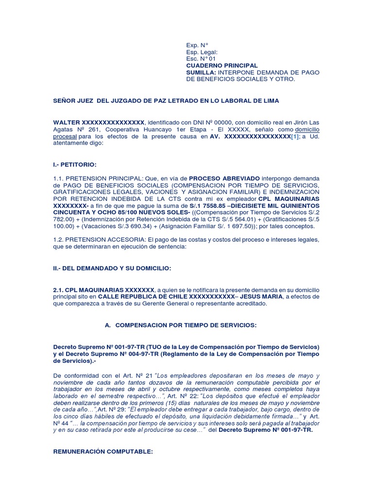 Modelo Demanda Laboral Pago de Beneficios Sociales 2 | Salario | Derecho laboral