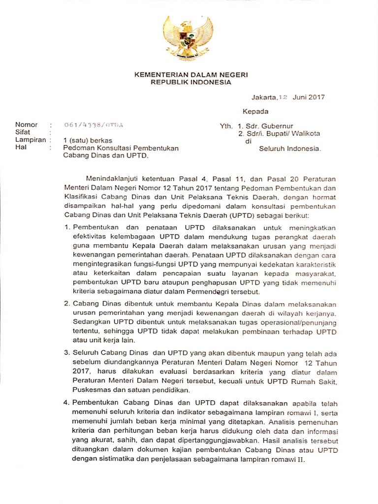 Surat Edaran Mendagri Pedoman Pembentukan Cabang Dinas Dan UPTD PDF | PDF